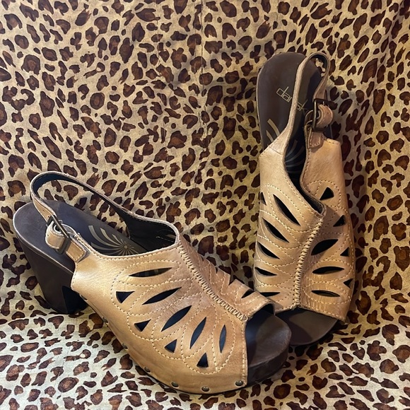 Dansko | Shoes | Dansko Tan Rowena Leather Clog Platform Heel Stud Open ...